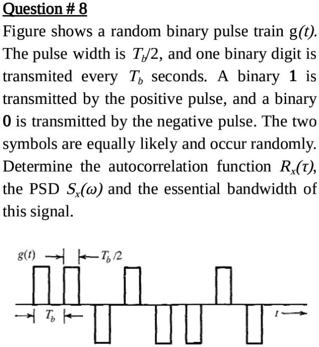 Question # 8 Figure shows a random binary pulse train g(t). The pulse width is Tb/2, and one ...