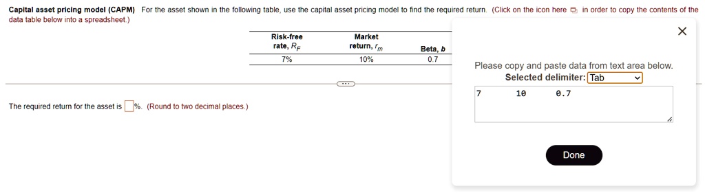 SOLVED: Texts: Capital Asset Pricing Model (CAPM) For the asset shown in the following table ...