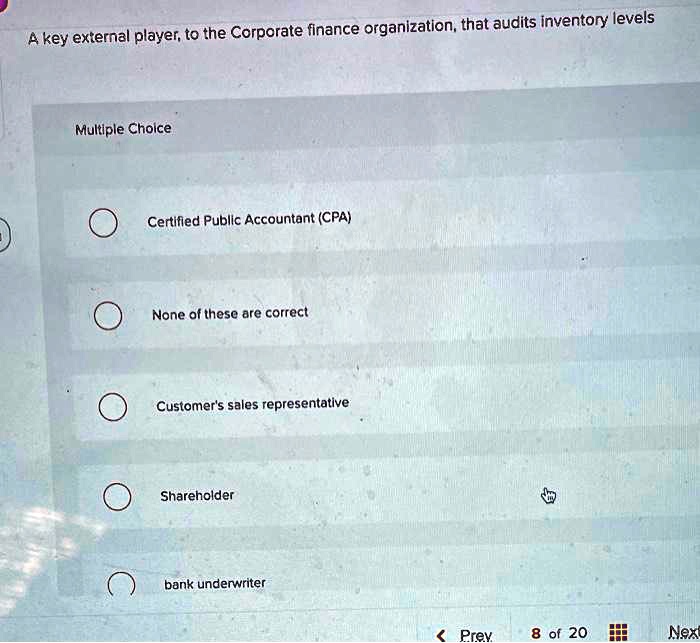 SOLVED: A key external player to the Corporate finance organization that audits inventory levels ...
