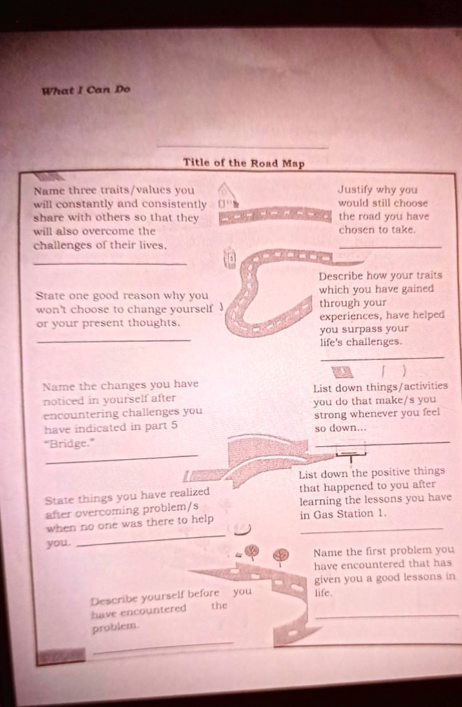 What I Can Do Title of the Road Map Name three traits/values you will ...