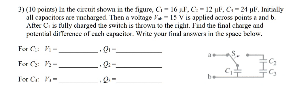 SOLVED: 3) (10 points) In the circuit shown in the figure, C1 = 16 UF, Cz = 12 HF, Cz = 24 pF ...