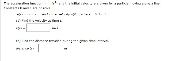 SOLVED: The acceleration function (in m/s2) and the initial velocity are given for particle ...