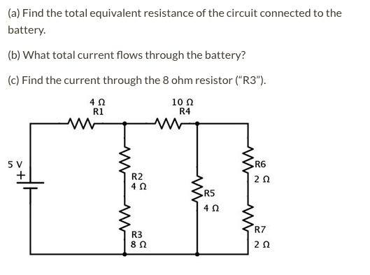 (a) Find the total equivalent resistance of the circuit connected to the battery. (b) What total ...