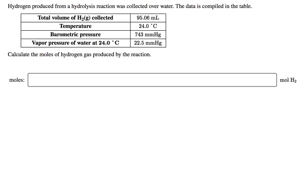 SOLVED: Hydrogen produced from a hydrolysis reaction was collected over water: The data is ...