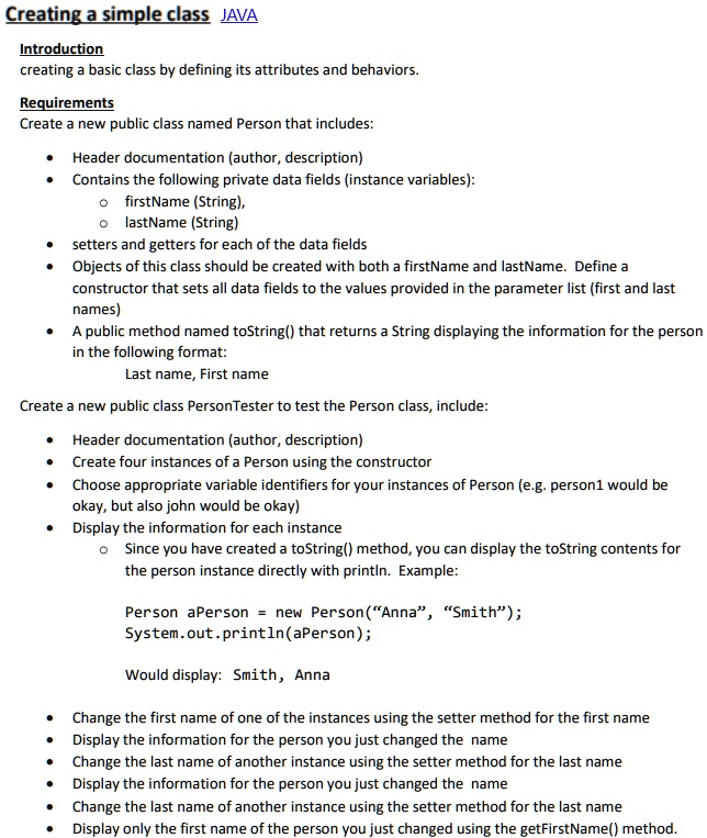 Solved Defining Attributes And Behaviors In A Class Creating A Simple Class In Java