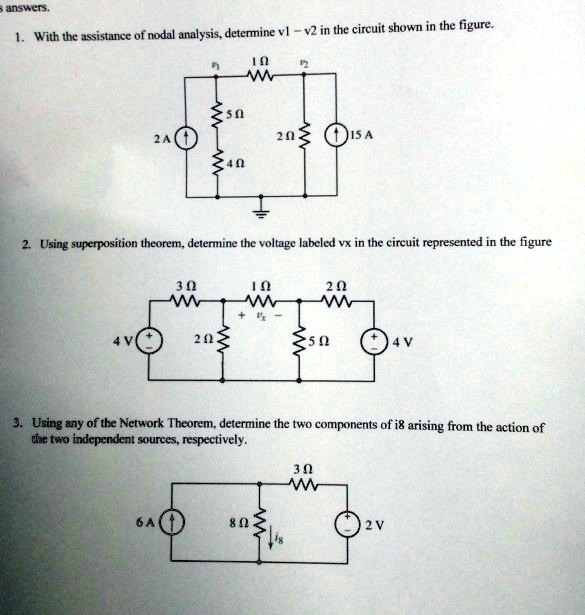 1. With the assistance of nodal analysis, determine v1 - v2 in the circuit shown in the figure ...