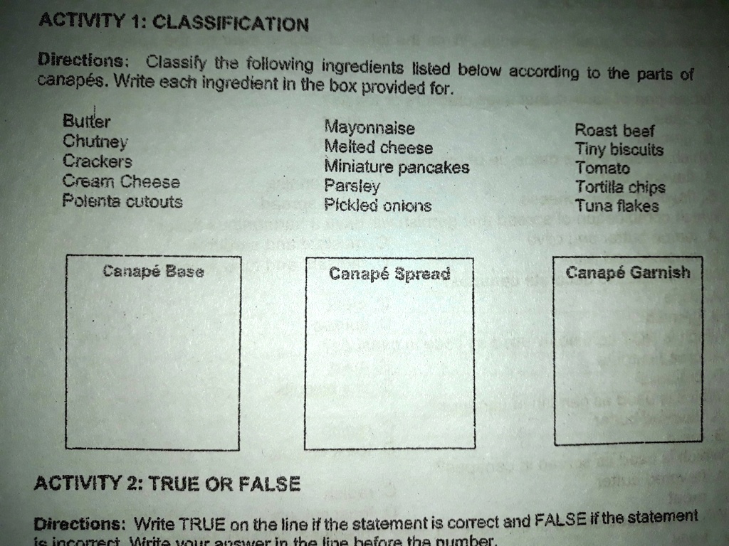 SOLVED: ACTIVITY 1: CLASSIFICATION Directions: Classify the following ingredients listed below ...