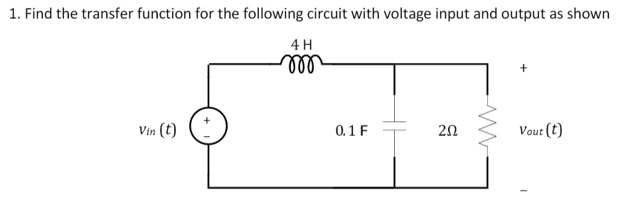 SOLVED: Find the transfer function for the following circuit with voltage input and output as ...