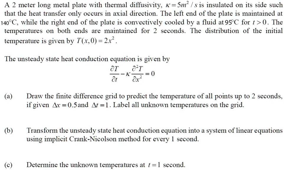 SOLVED: A 2 meter long metal plate with thermal diffusivity, K = Sm? / sis insulated on its side ...