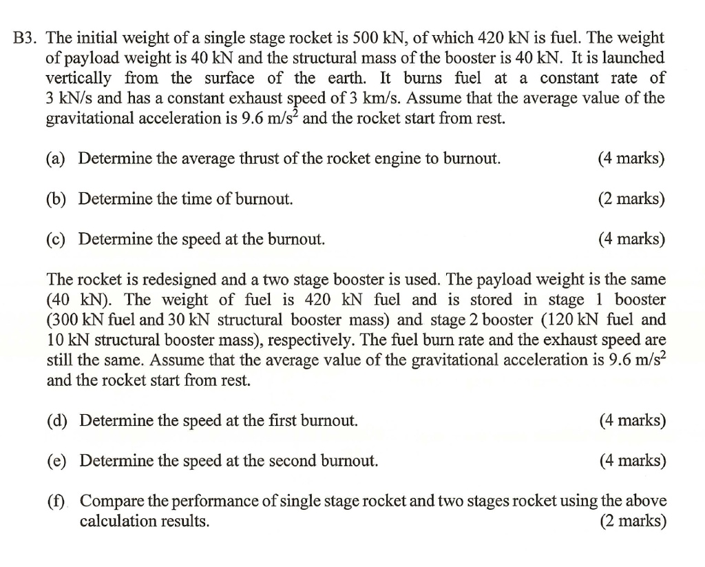 B3 The initial weight of a single-stage rocket is 500 kN, of which 420 ...