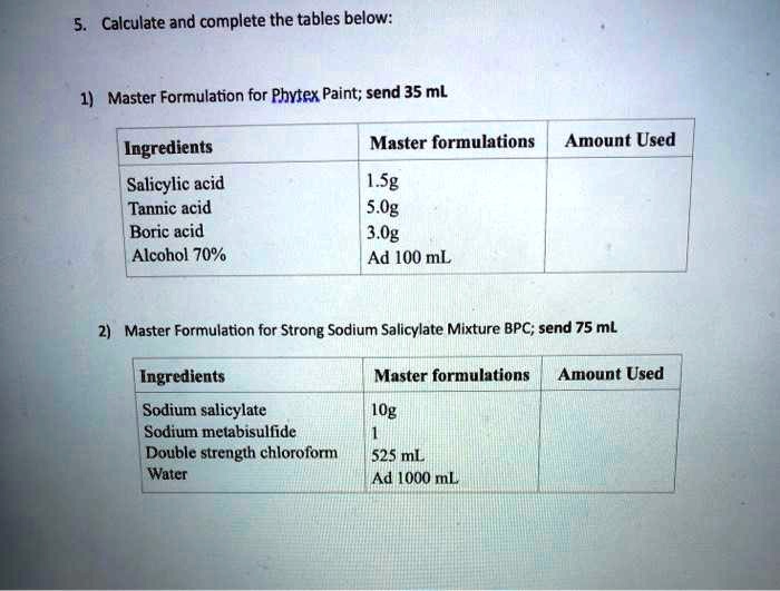 calculate and complete the tables below master formulation for phytex ...
