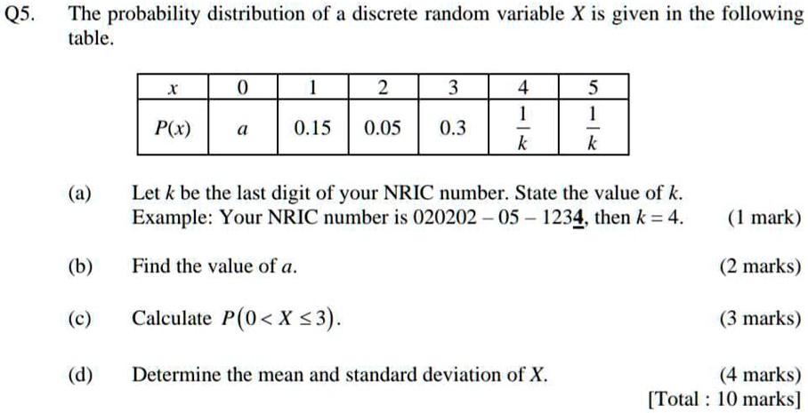 SOLVED: Q5. The probability distribution of a discrete random variable X is given in the ...