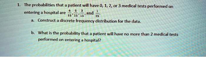 the probabilities that a patient will have 0 12or 3 medical tests ...