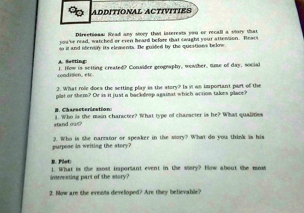SOLVED: "ADDITIONAL ACTIVITIES Directions: Read any story that ...
