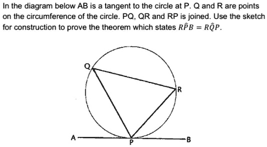 In the diagram below AB is a tangent to the circle at P. Q and R are points on the circumference ...