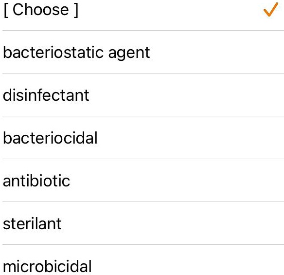 choose bacteriostatic agent disinfectant bacteriocidal antibiotic ...