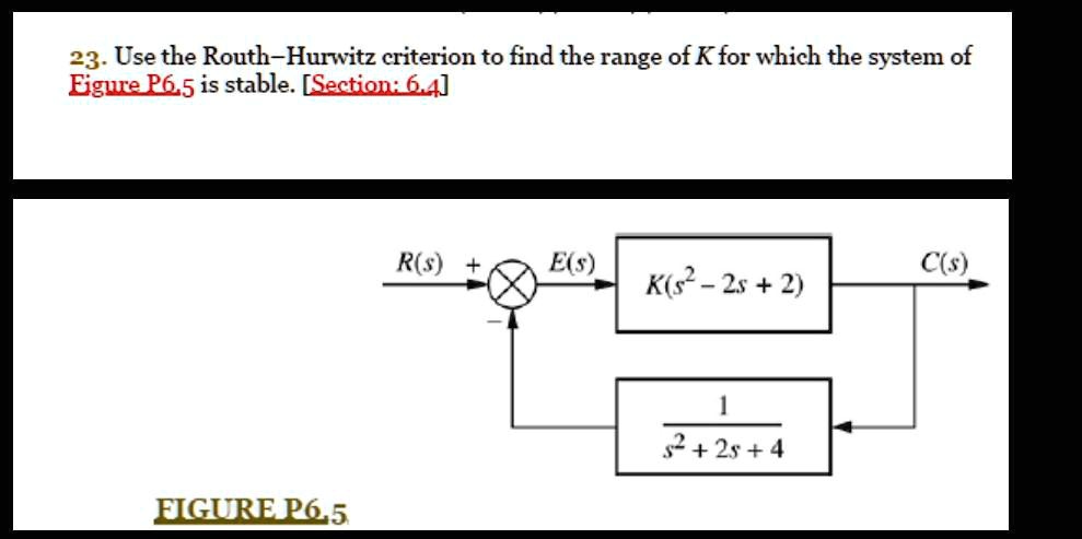 SOLVED: Use the Routh-Hurwitz criterion to find the range of K for which the system of Figure P6 ...