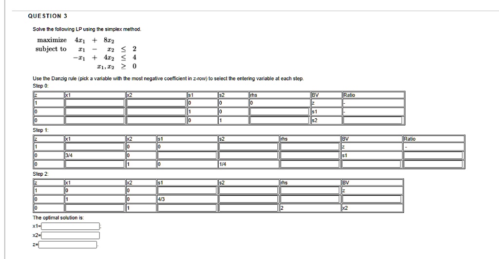 Solve the following LP using the simplex method: maximize 4T1 + 812 ...