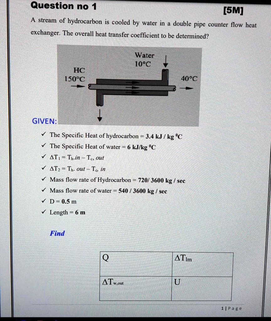 SOLVED: Question no 1 [5M] A stream of hydrocarbon is cooled by water in a double pipe counter ...