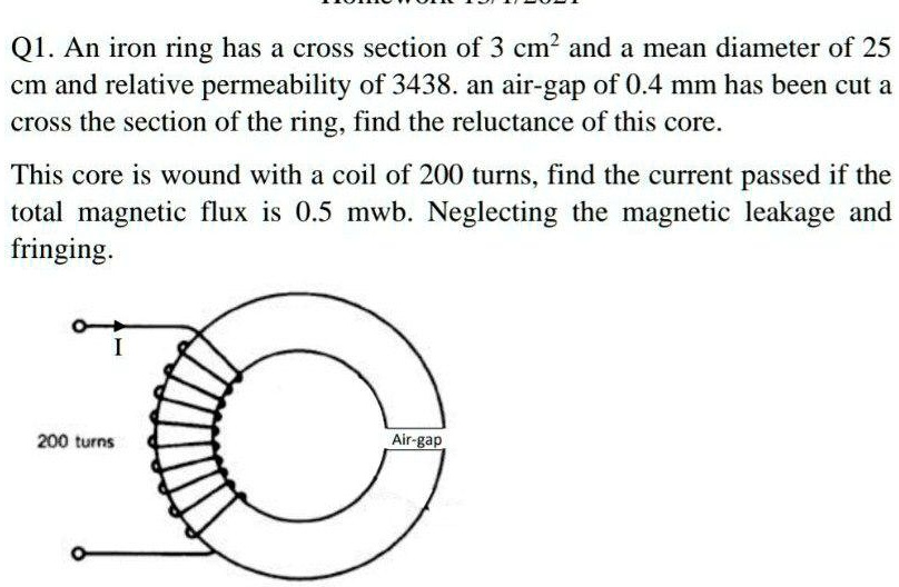 Q1. An iron ring has a cross section of 3 cm² cm and a mean diameter of ...
