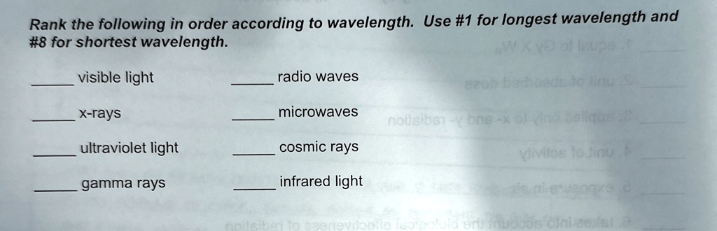 Rank the following in order according to wavelength. Use #1 for longest ...