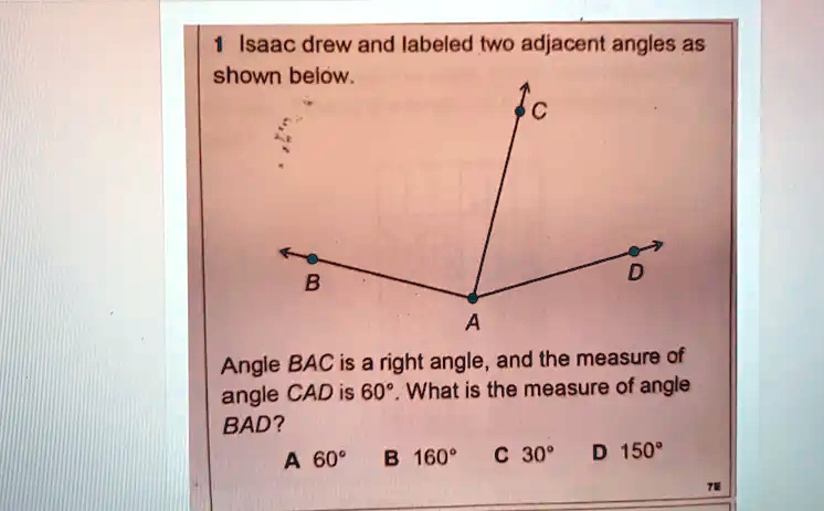 1 Isaac drew and labeled two adjacent angles as shown below. B C D A ...