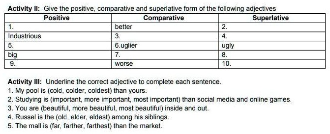 Give the positive comparative and superlative form of the...
