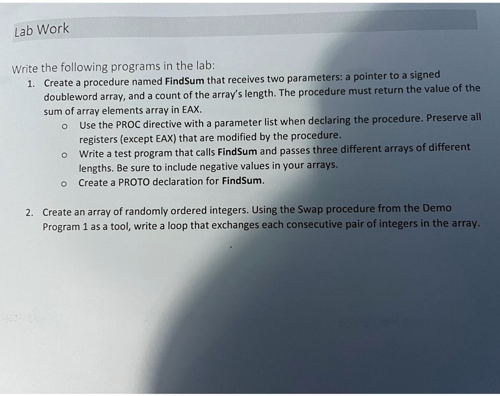Lab Work Write The Following Programs In The Lab 1 Create A Procedure Named Findsum That