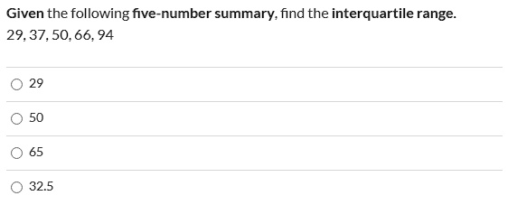 SOLVED: Given the following five-number summary: find the interquartile range: 29,37,50,66,94
