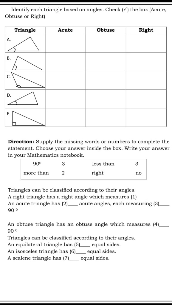 SOLVED: Identify each triangle based on angles. Check Obtuse or Right ...