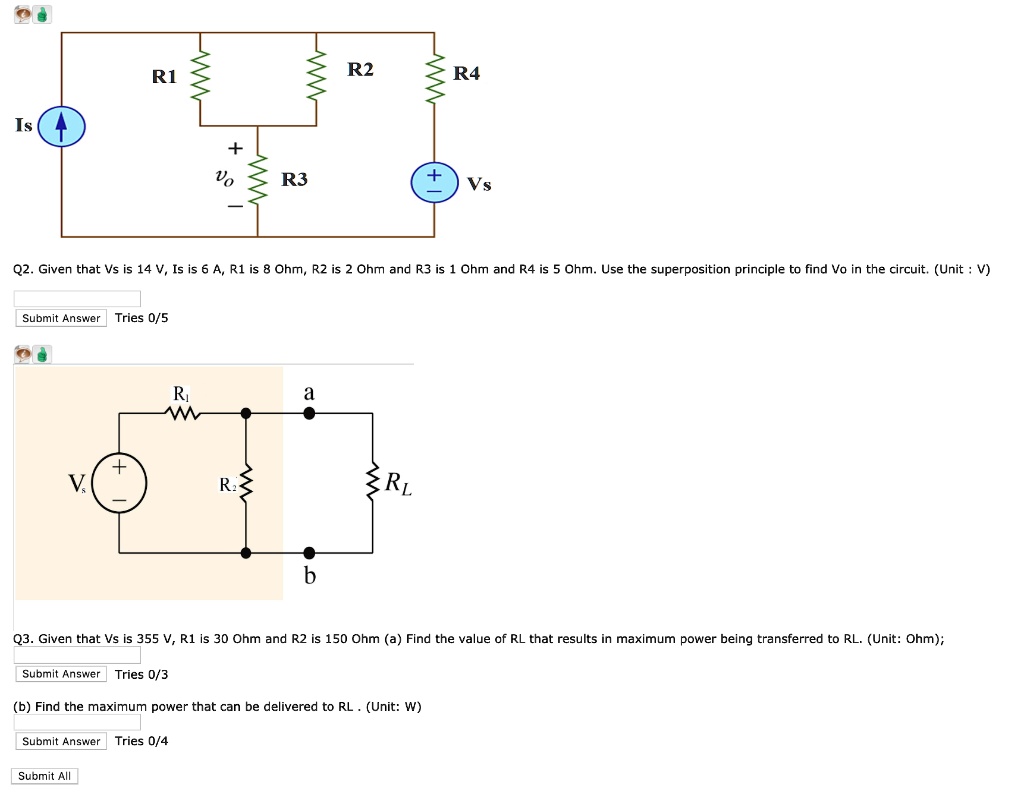 R2 R1 R4 R3 Q2. Given that Vs is 14 V, Is is 6 A, R1 is 8 Ohm, R2 is 2 ...