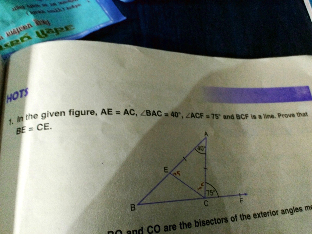 SOLVED: In the given figure, AB = AC, angle BAC = 40 degrees, angle ACF = 75 degrees, and BC is ...