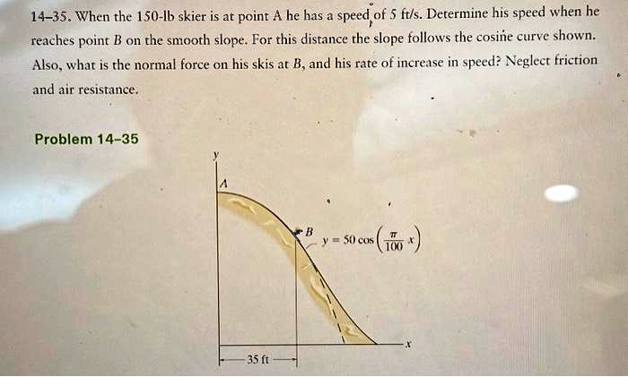 14-35. When the 150-lb skier is at point A he has a speed of 5 ft/s ...