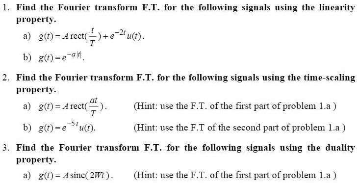 VIDEO solution: Find the Fourier transform F.T. for the following signals using the linearity ...