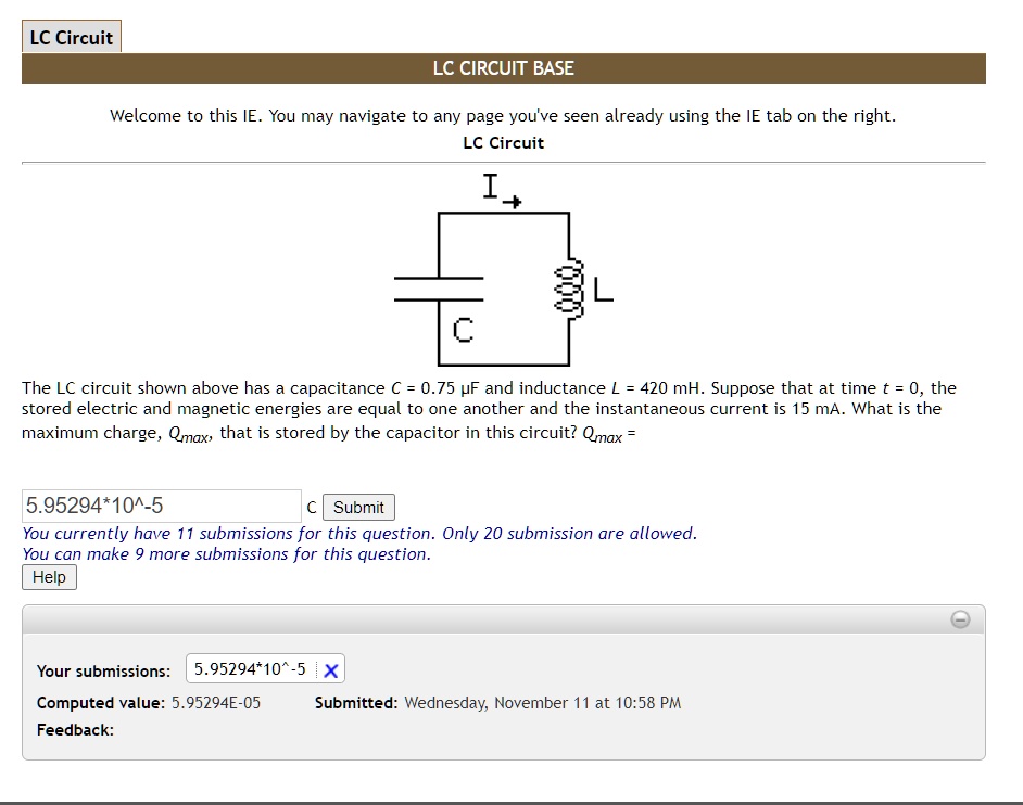 SOLVED: LC Circuit LC CIRCUIT BASE Welcome to this IE: You may navigate to any page you've seen ...