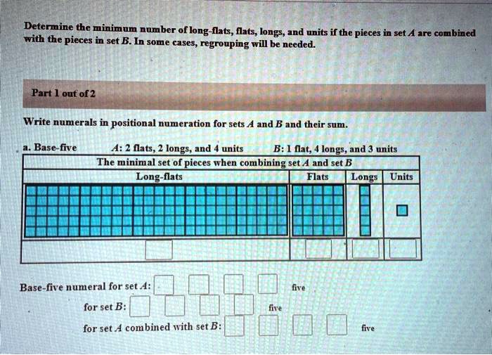 Determine the minimum number of long-flats, flats, longs, and units if the pieces in set A are ...