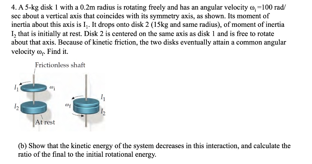 SOLVED:4.A 5-kg disk 1 with a 0.2m radius is rotating freely and has an angular velocity @;=100 ...