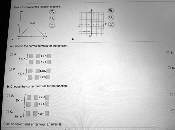 SOLVED: Find formula for the function graphed: Choose the correct ... SOLVED: Find formula for the function graphed: Choose the correct ...