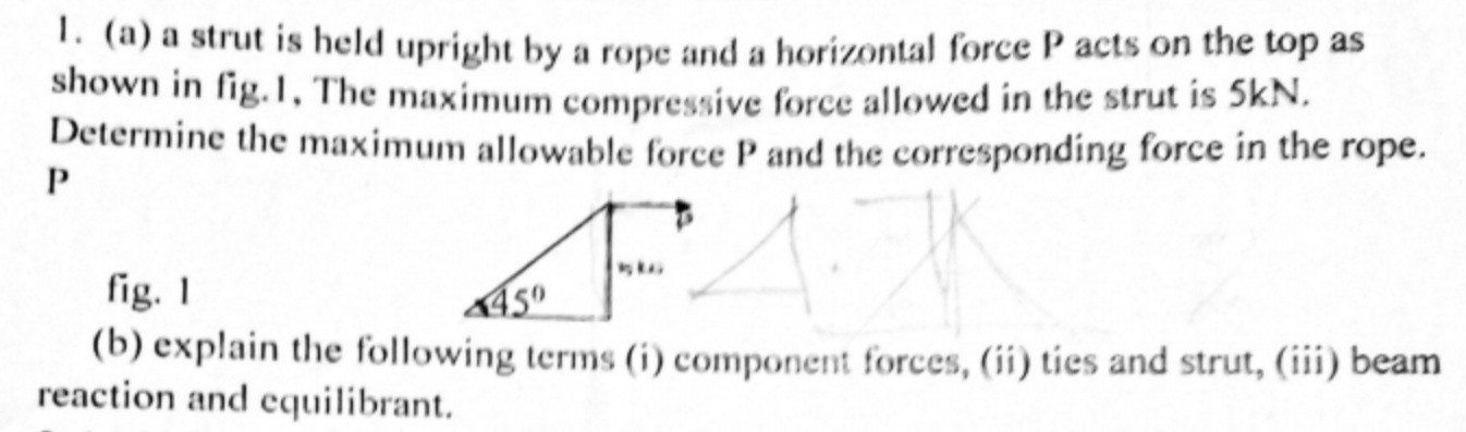 1. (a) a strut is held upright by a rope and a horizontal force P acts ...