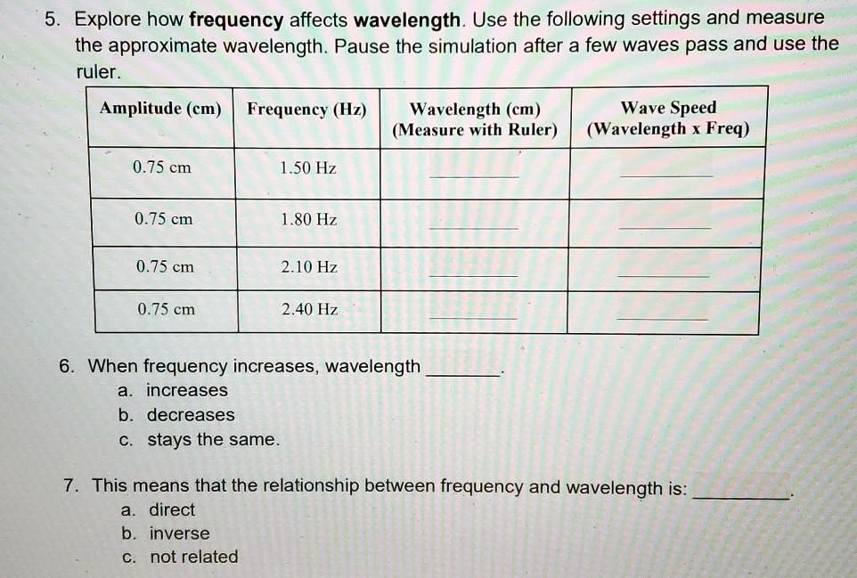 SOLVED: 5. Explore how frequency affects wavelength. Use the following ...