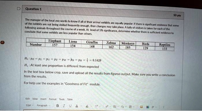 Question 1 10 pts The manager of the local zoo wants to know if all of their animal exhibits are ...