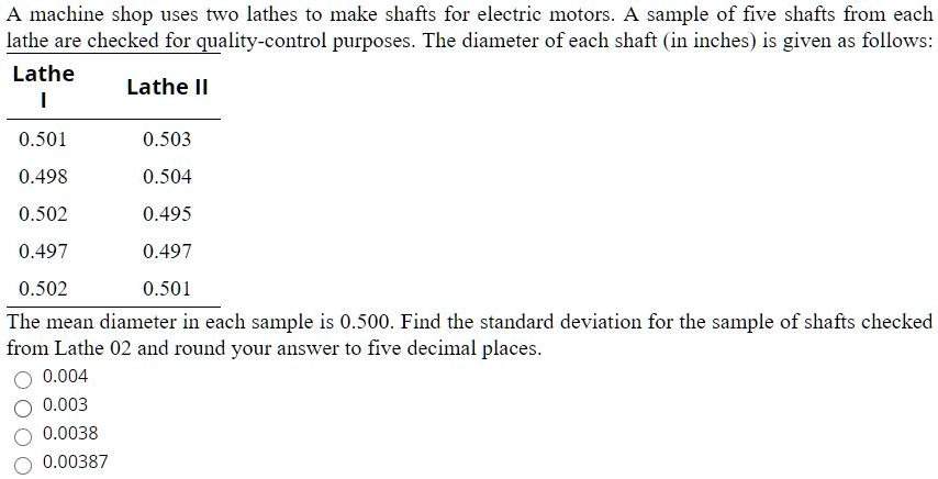 SOLVED: A machine shop uses two lathes to make shafts for electric ...