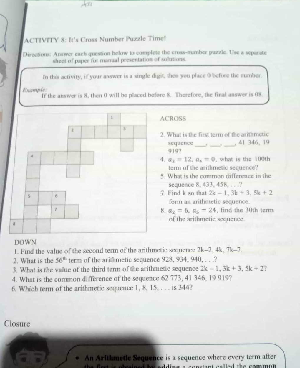 SOLVED: ACTIVITY 8: It's Cross Number Puzzle Time! Directions: Answer ...