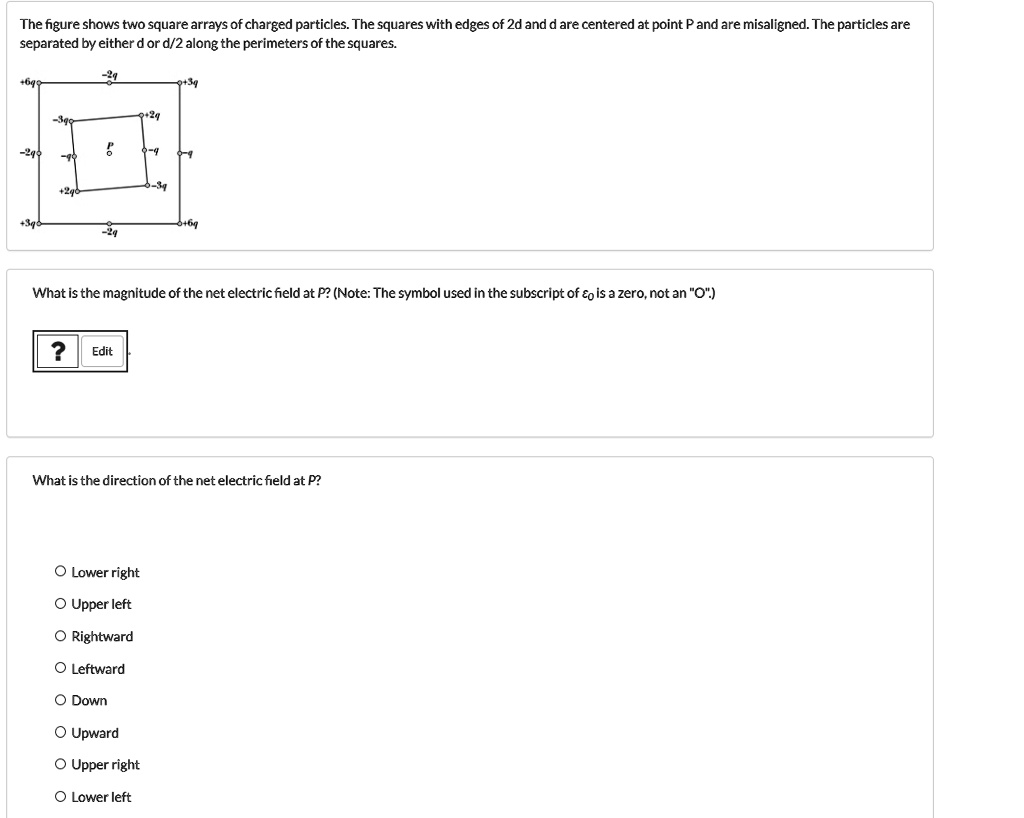 the figure shows two square arrays of charged particles the squares ...