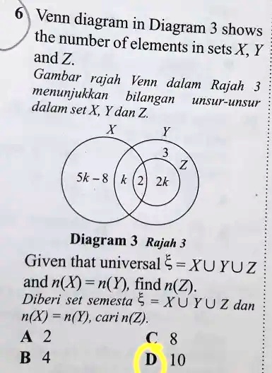 SOLVED: Venn diagram in Diagram 3 shows the number of elements in sets ...