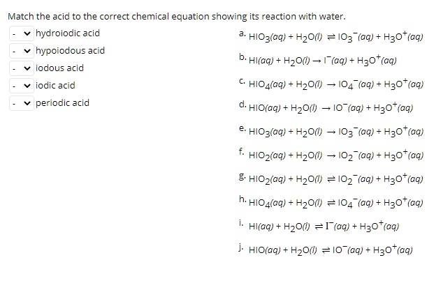 match the acid to the correct chemical equation showing its reaction ...