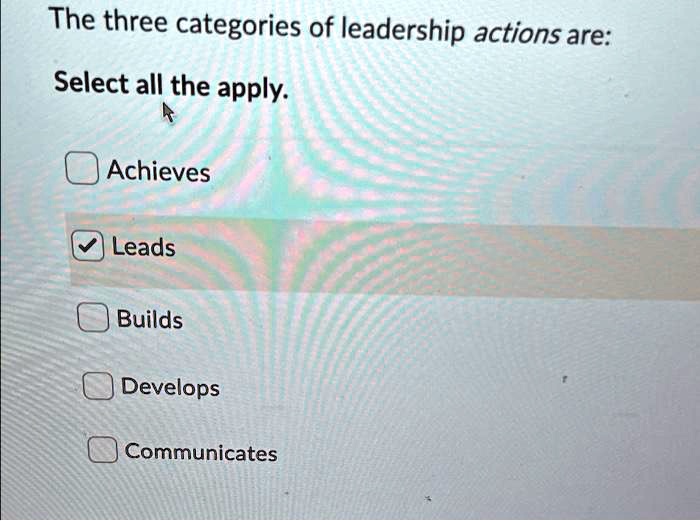 SOLVED: The three categories of leadership actions are: Select all the ...