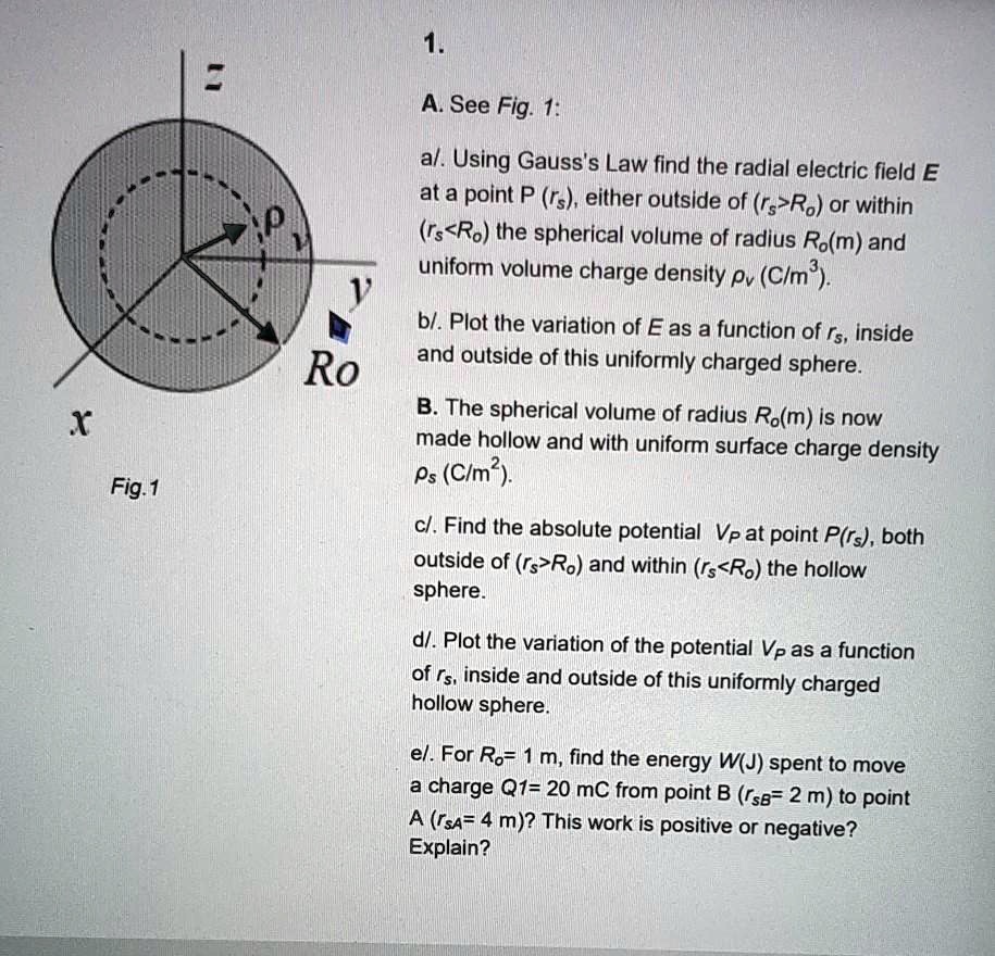 SOLVED: See Fig.1 a. Using Gauss's law find the radial electric field E at a point P(rs) either ...