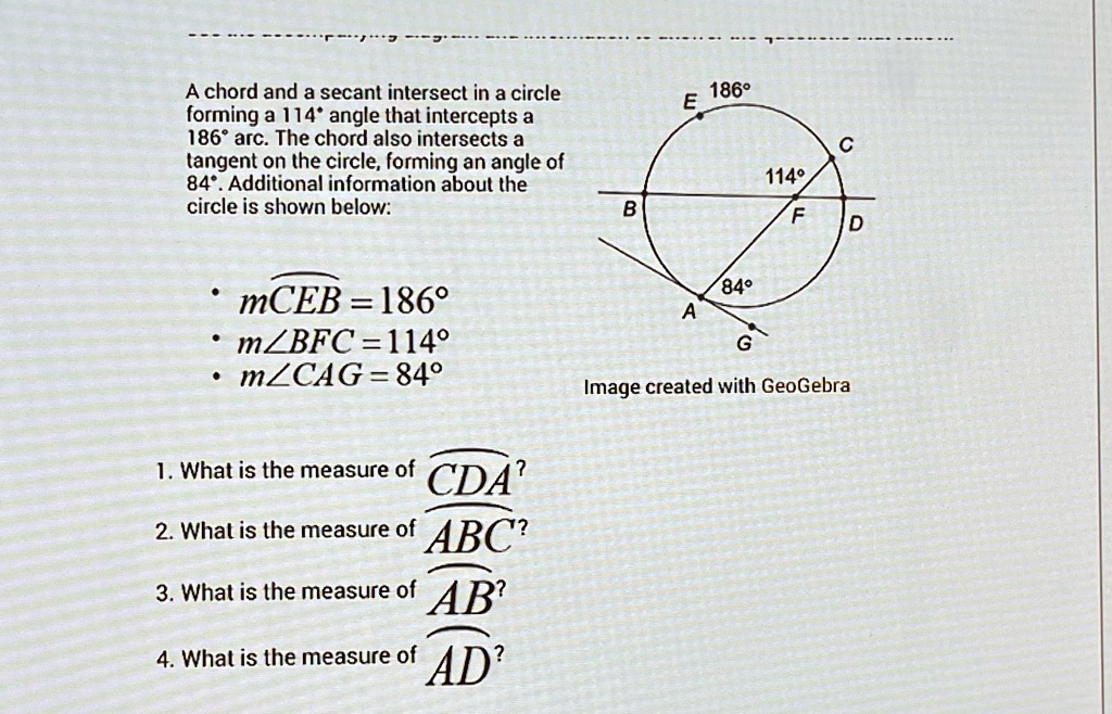A chord and a secant intersect in a circle forming a 114° angle that ...