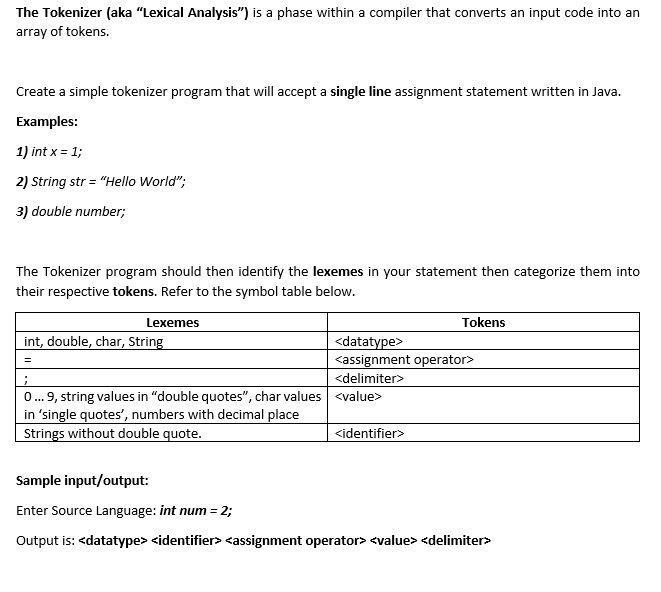 Solved The Tokenizer Aka Lexical Analysis Is A Phase Within A Compiler That Converts An Input